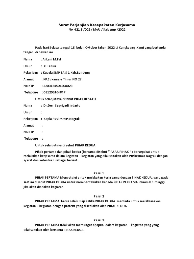 Surat Perjanjian Kesepakatan Kerjasama | PDF