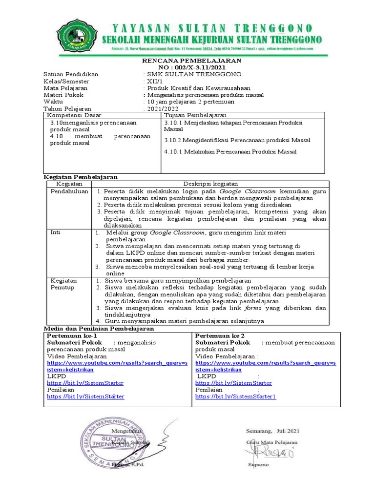 RPP Produk Kreatif Dan Kewirausahaan 1 Tahun | PDF