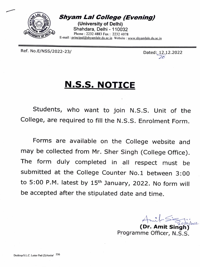 NSS Enrollment Notice for Students | PDF
