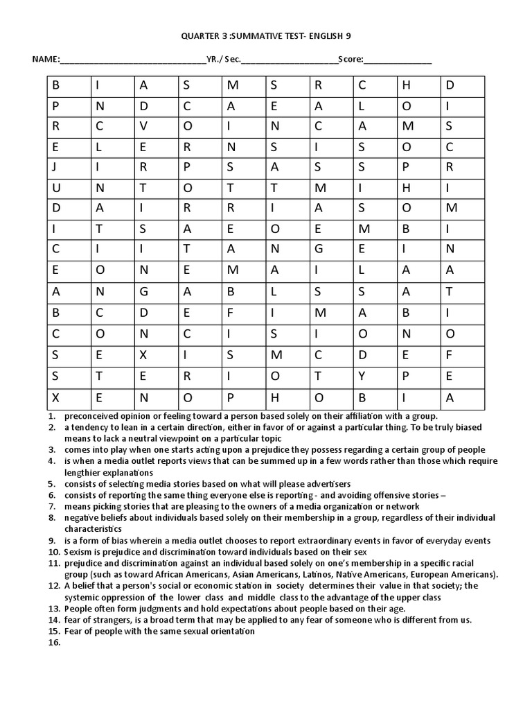 QUARTER 3 - English 9-Module 2 Summative Grade 9 | PDF | Prejudices ...
