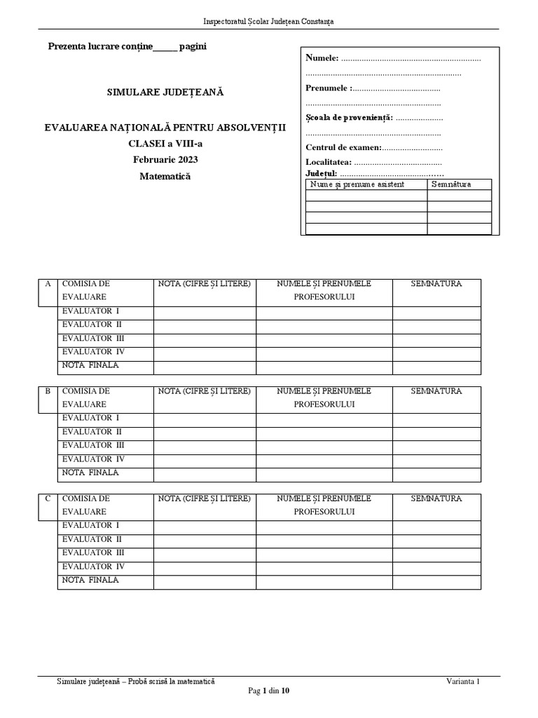 En VIII Matematica Febr 2023 Var 1 SIM | PDF