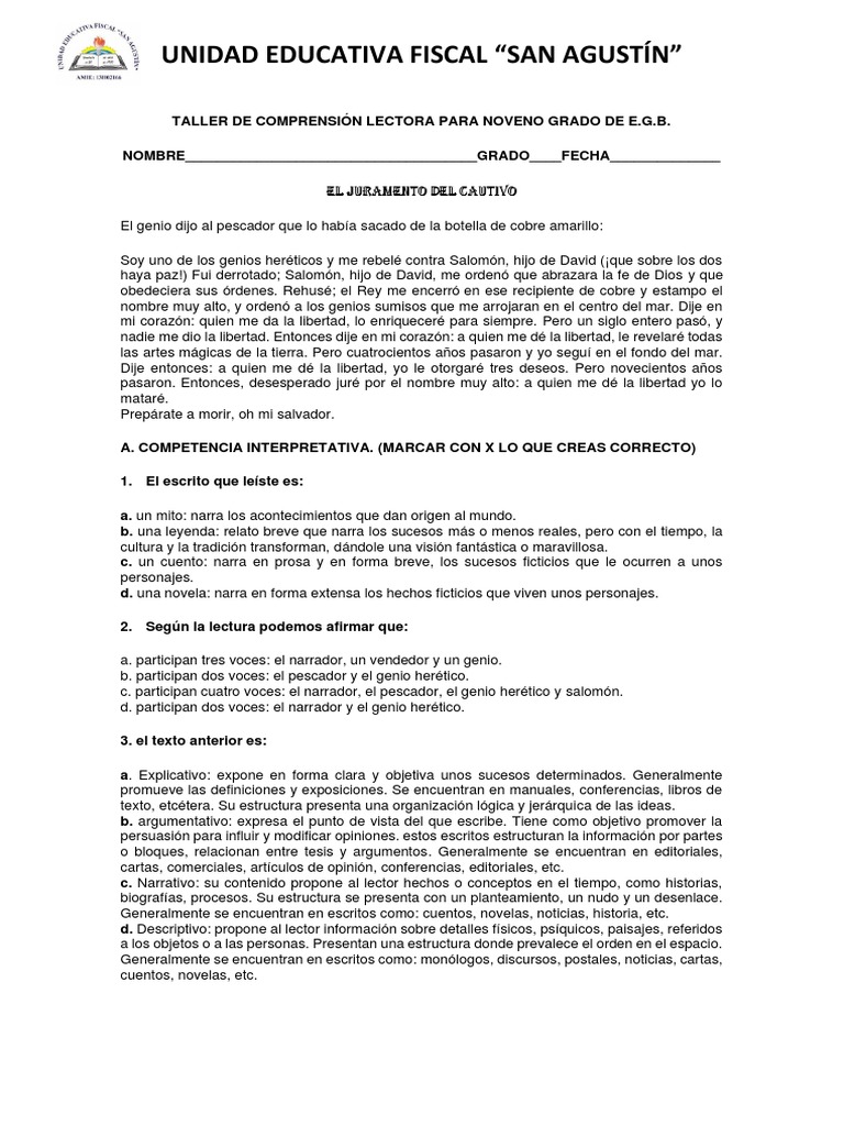 Taller de Comprensión Lectora Noveno Grado | PDF | Genios | Solomons Taller de Comprensión Lectora Noveno Grado | PDF | Genios | Solomons