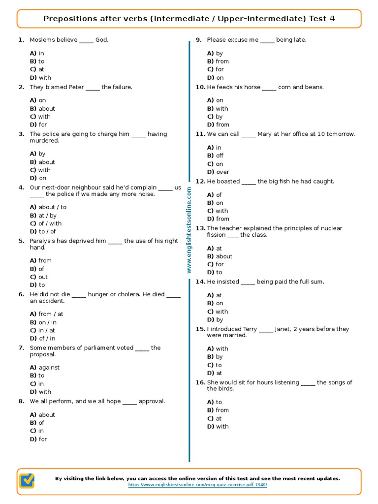 1340 - Prepositions After Verbs Intermediate Upper Intermediate Test 4 ...