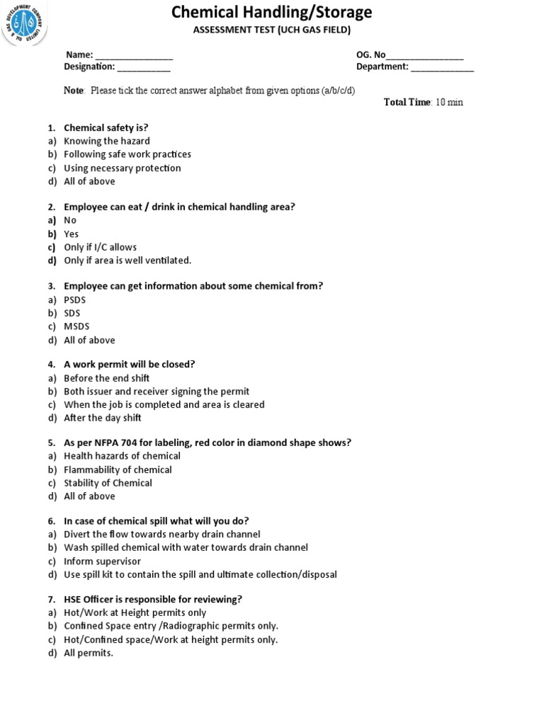 Chemical Handling Assessment Test | PDF