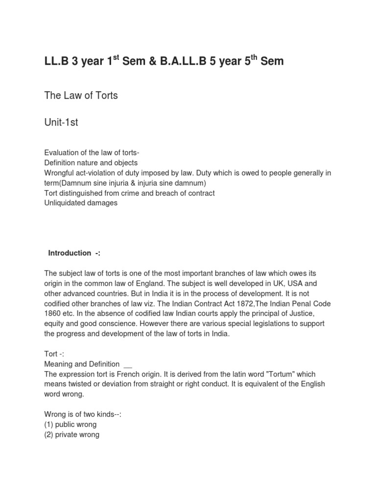 Law of Torts Unit 1 | PDF | Tort | Damages