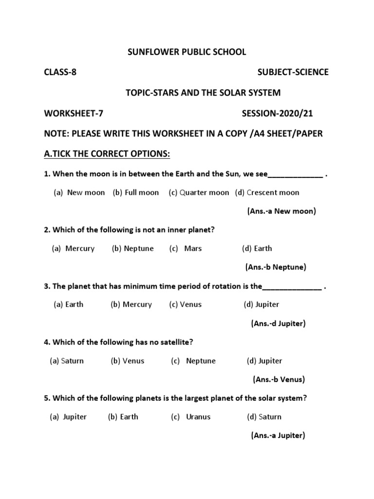 Stars and Solar System Worksheet for Class 8 | PDF | Planets | Moon
