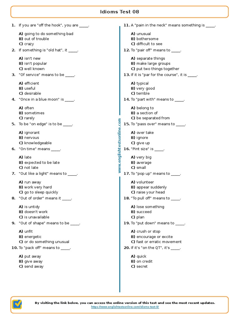 Idioms Test with Answers | PDF