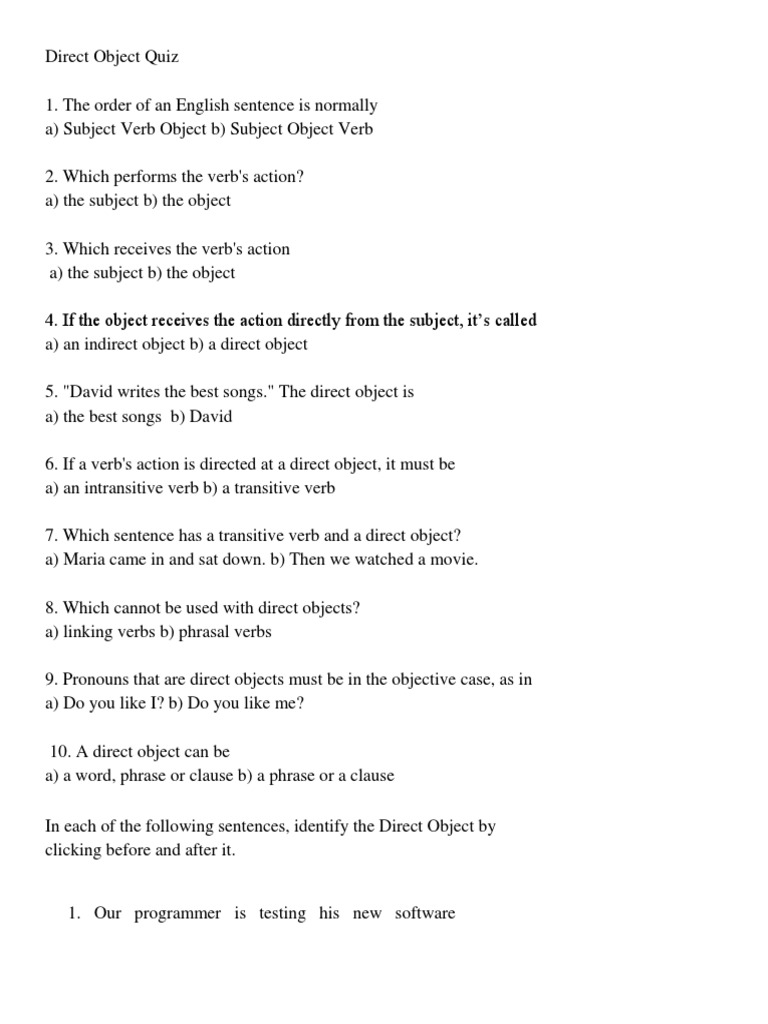 Direct Object Quiz: English Grammar Test | PDF