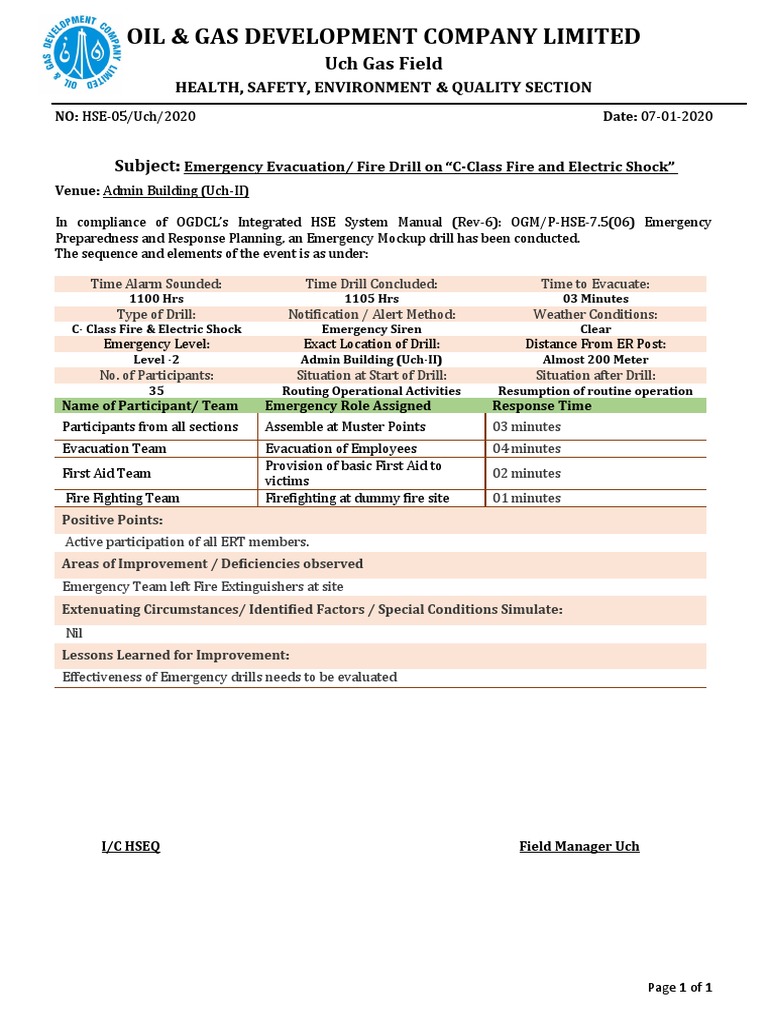 Emergency Drill Report for OGDCL Staff | PDF