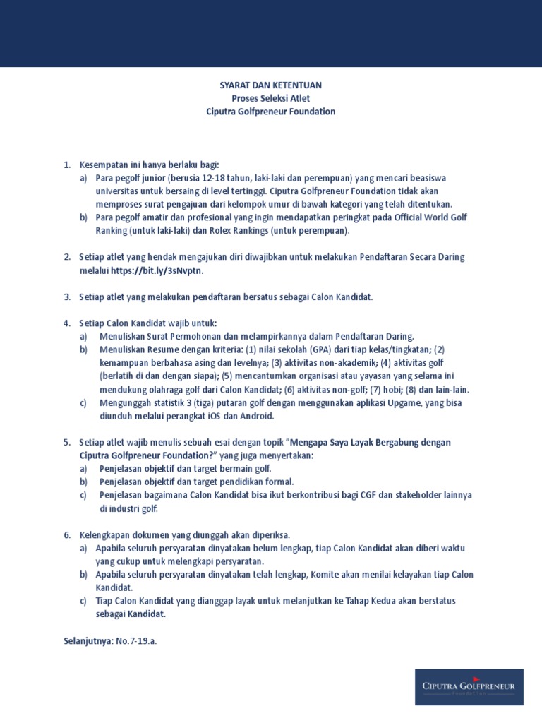 Syarat Ketentuan Proses Seleksi Atlet CGF 2022 | PDF