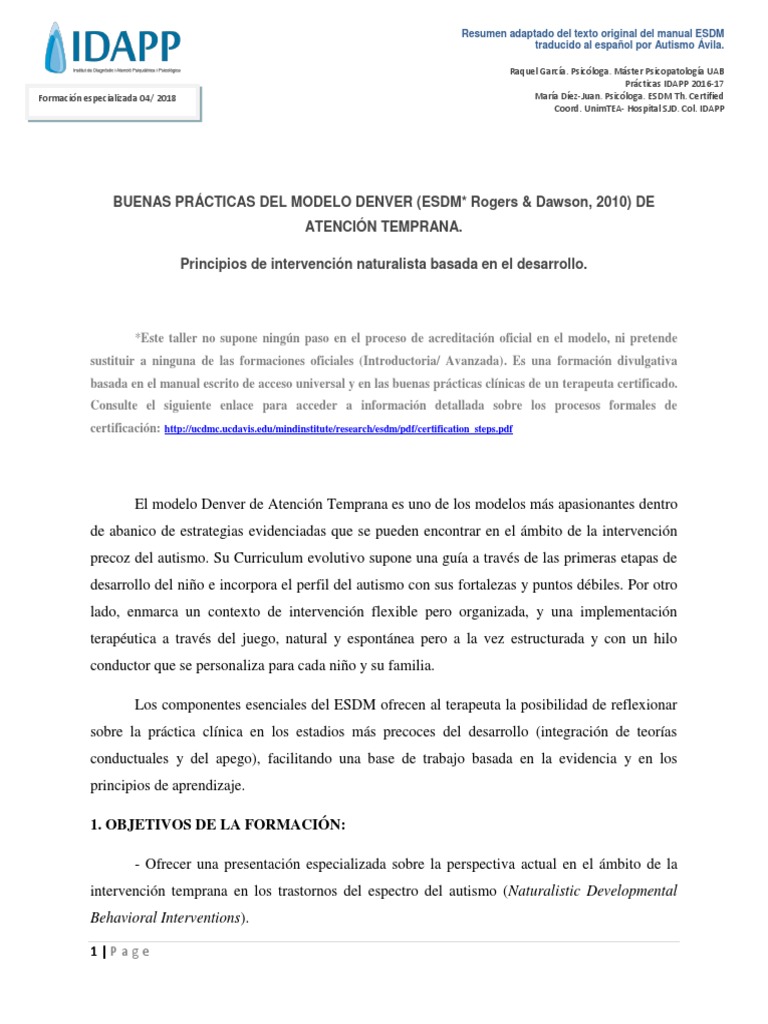ESDM BuenasPracticas IDAPP 18 | PDF | Sicología | Espectro autista