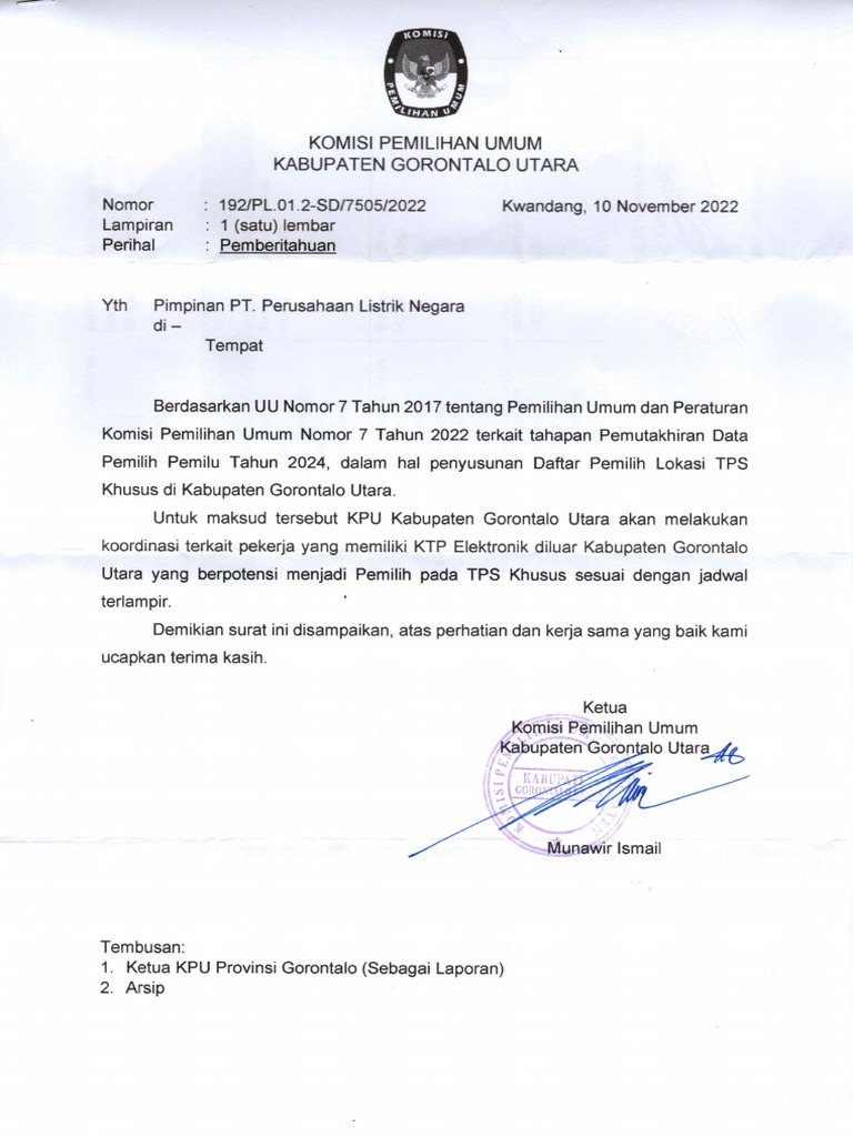 Surat Pemberitahuan Dari Kpu Gorontalo Utara | PDF
