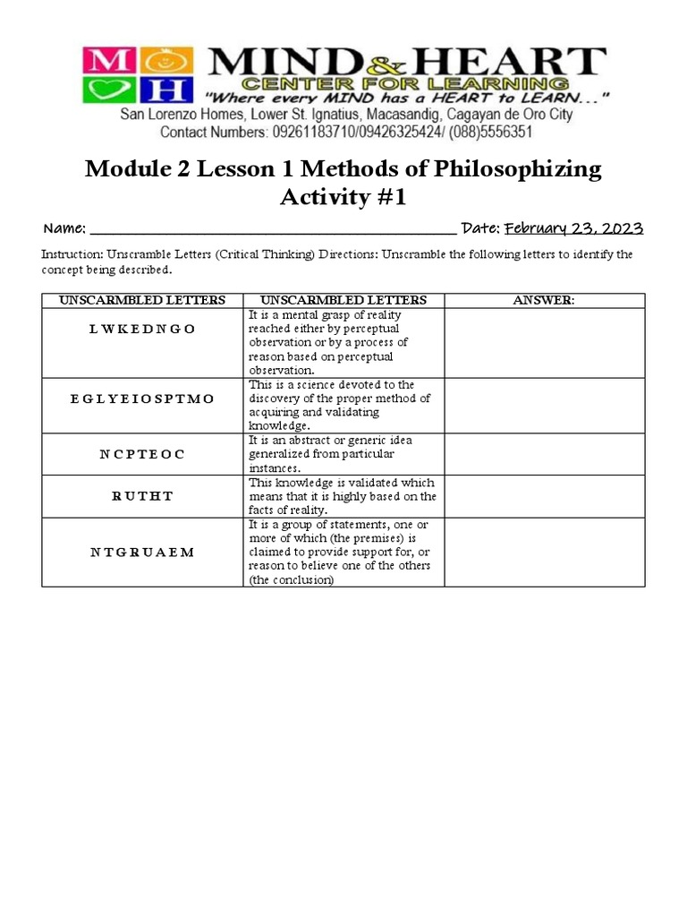 Activity 1 - Methods of Philosophizing (February 23,2023) | PDF