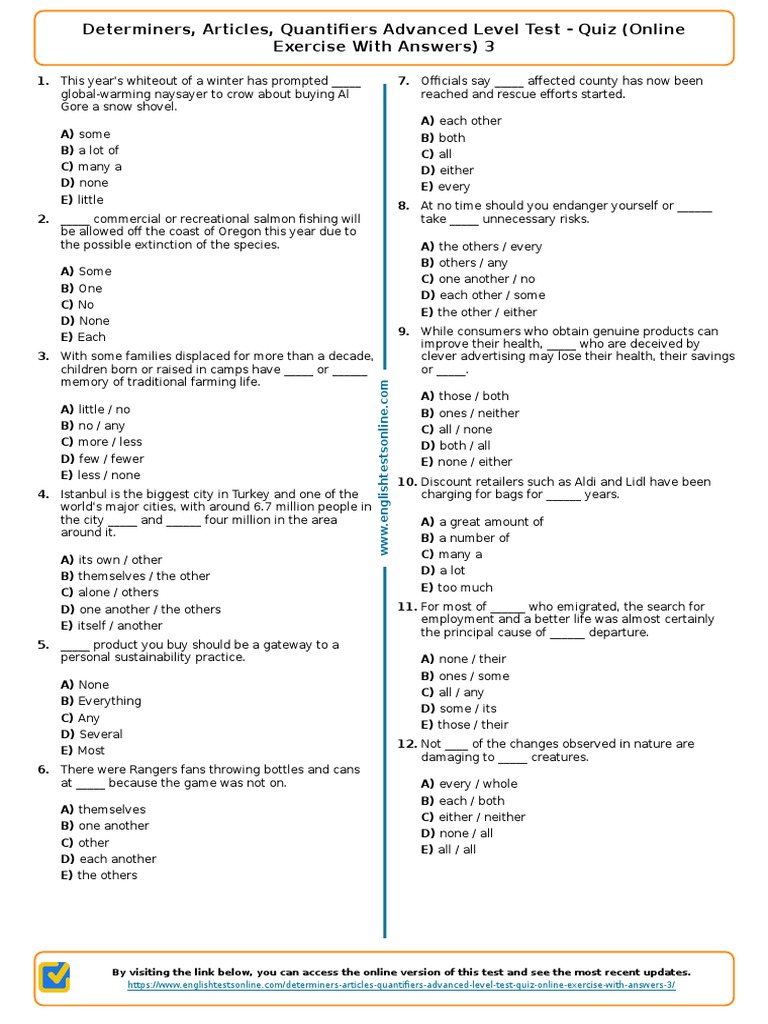 Determiners, Articles, and Quantifiers: An Advanced Online Test with ...