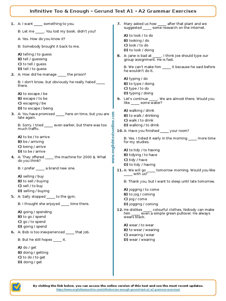 462 - Infinitive Too Enough Gerund Test A1 A2 Grammar Exercises | PDF
