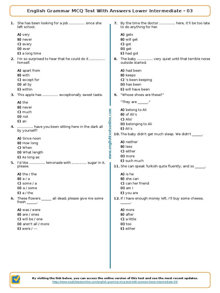 630 - English Grammar MCQ Test With Answers Lower Intermediate 03 | PDF