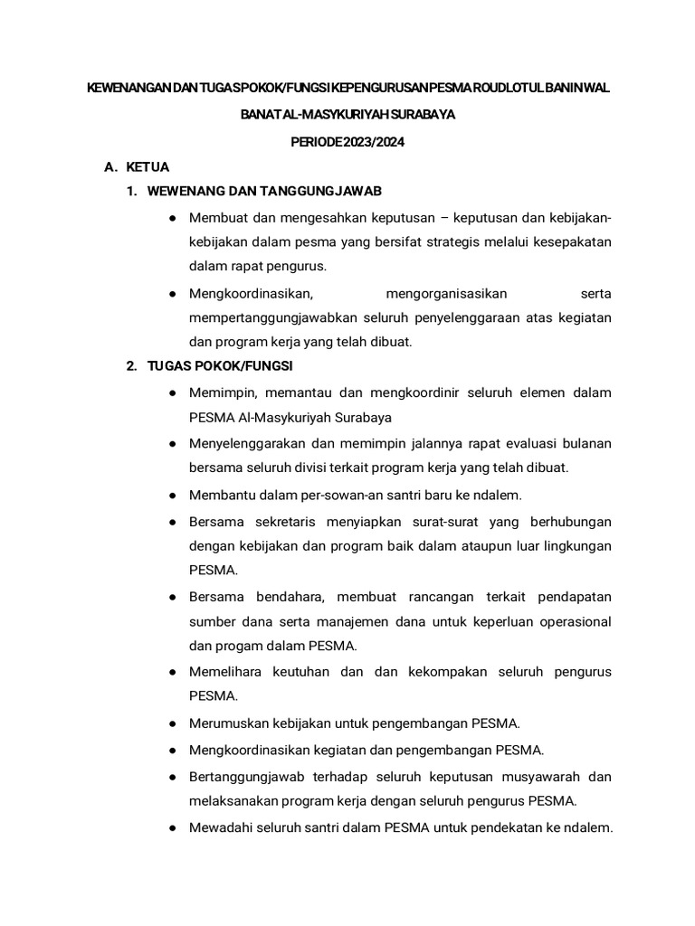 Kewenangan Dan Tugas Pokok Dan Fungsi Kepengurusan Pesma Roudlotul ...