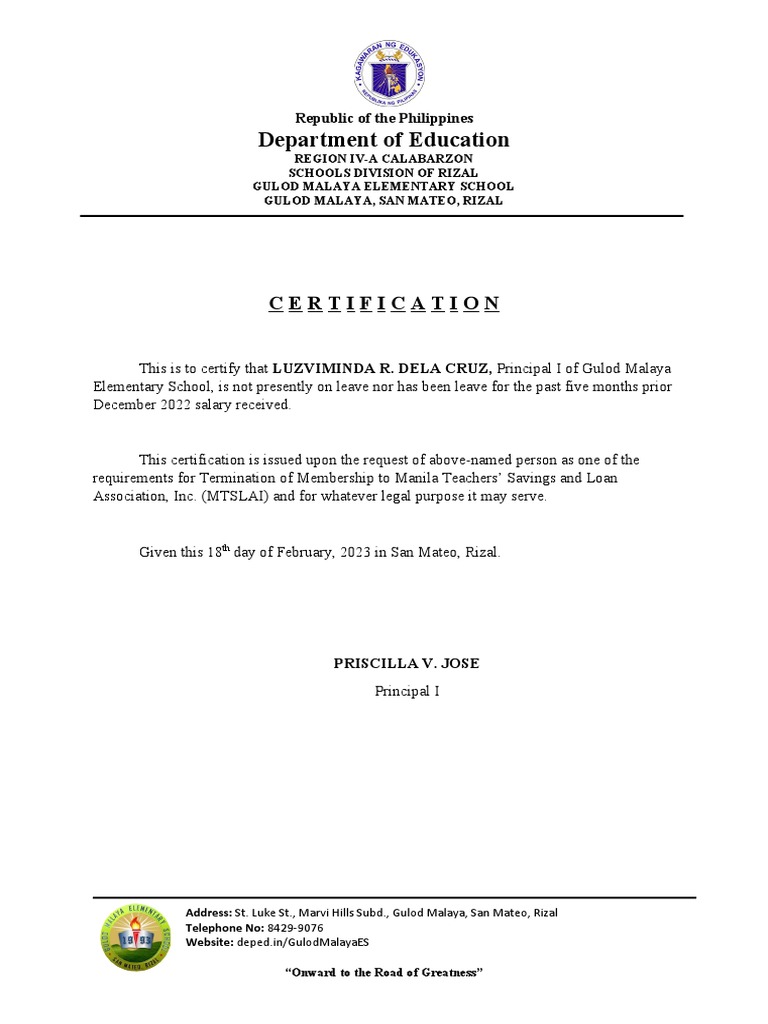 Certification for MTSLAI Membership Termination | PDF