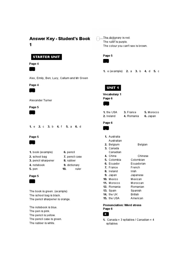 Answer Key - Student's Book 1: Starter Unit | PDF