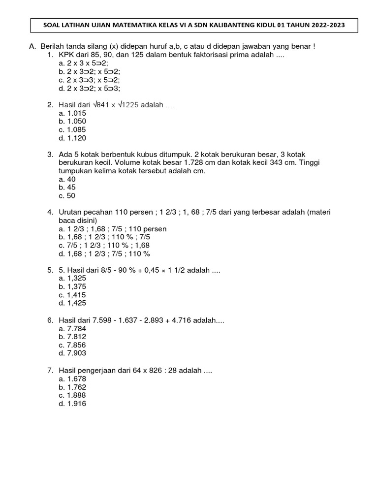 Soal Latihan Ujian Matematika | PDF