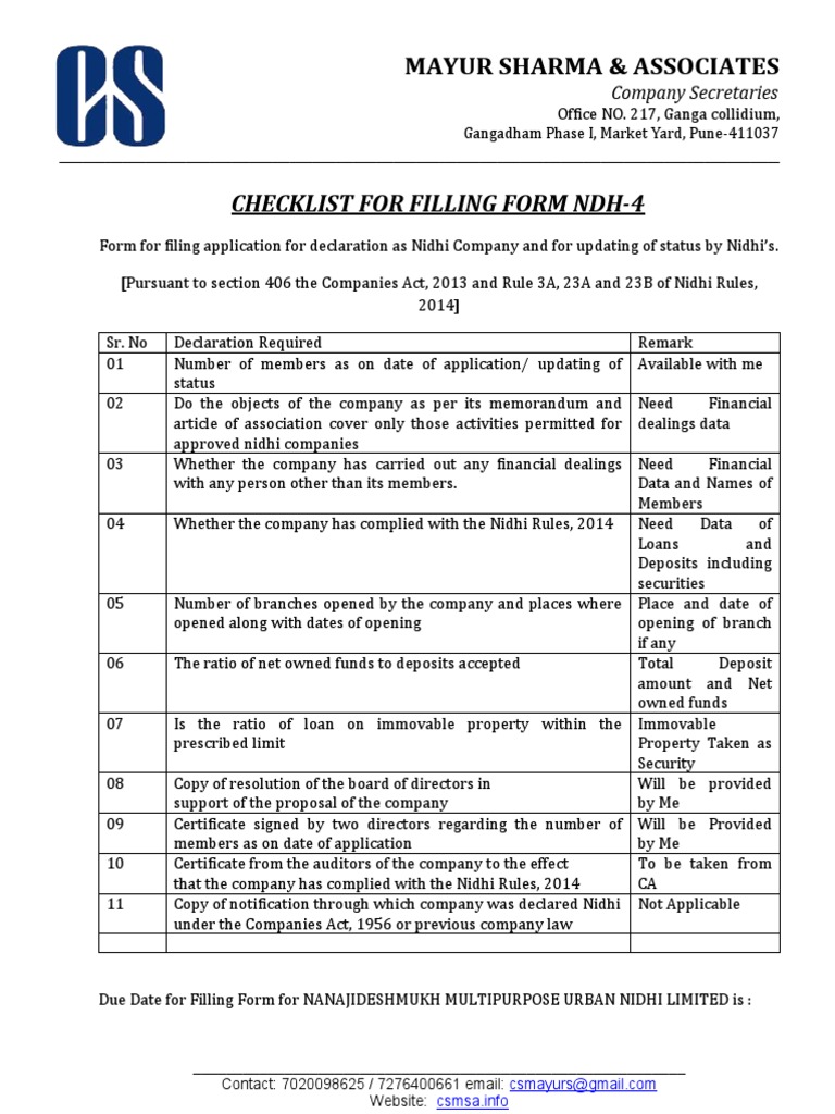 Checklist for Filing Form NDH-4: Declaration as Nidhi Company and Updating of Status | PDF ...