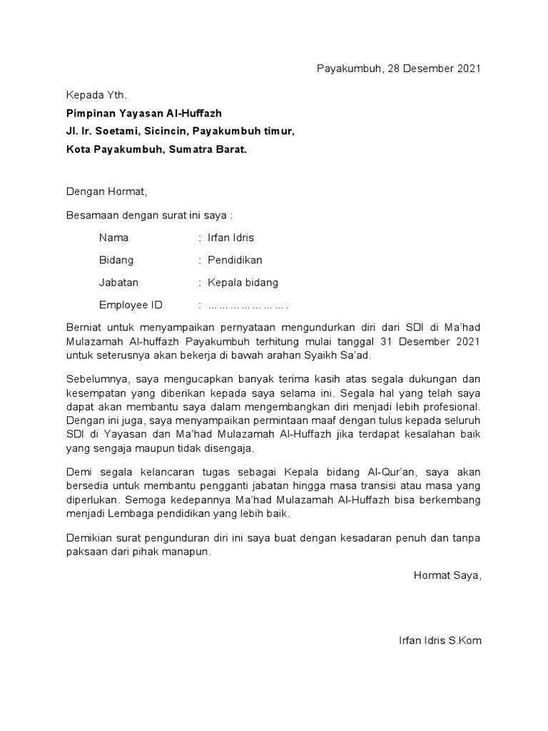Surat Pengunduran Diri Irfan Idris | PDF | Pengembangan Diri