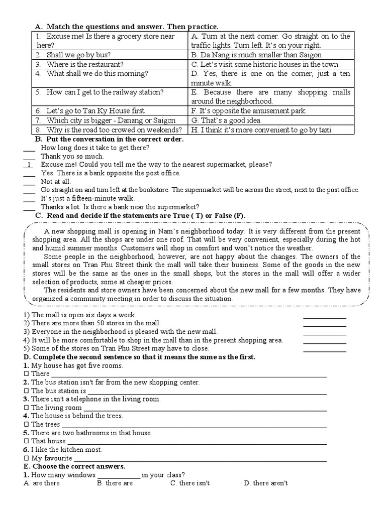 Matching questions and answers about places near a grocery store | PDF ...