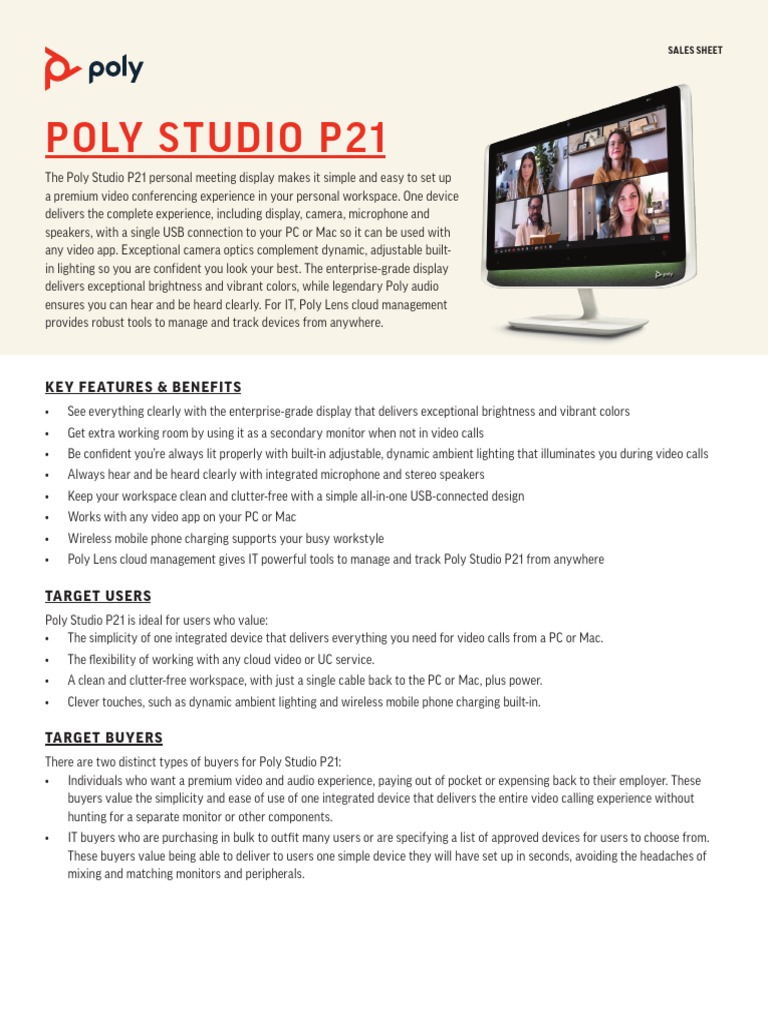 Poly Studio p21 Sales Sheet | PDF | Videotelephony | Computer Monitor