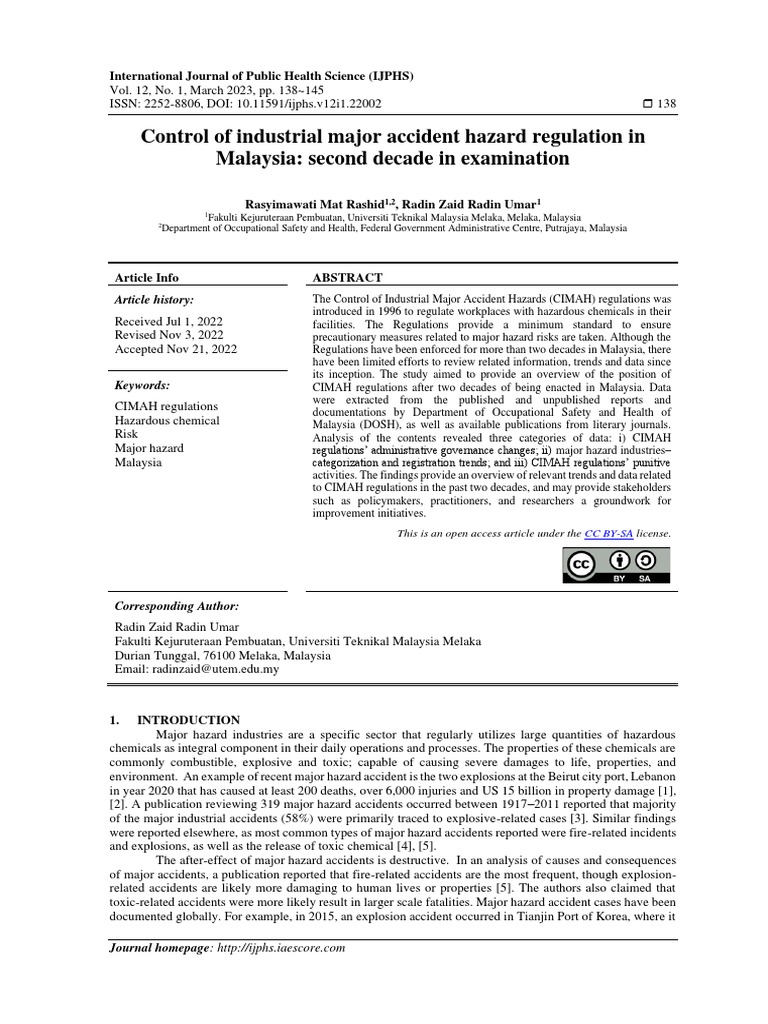 Control of industrial major accident hazard regulation in Malaysia ...