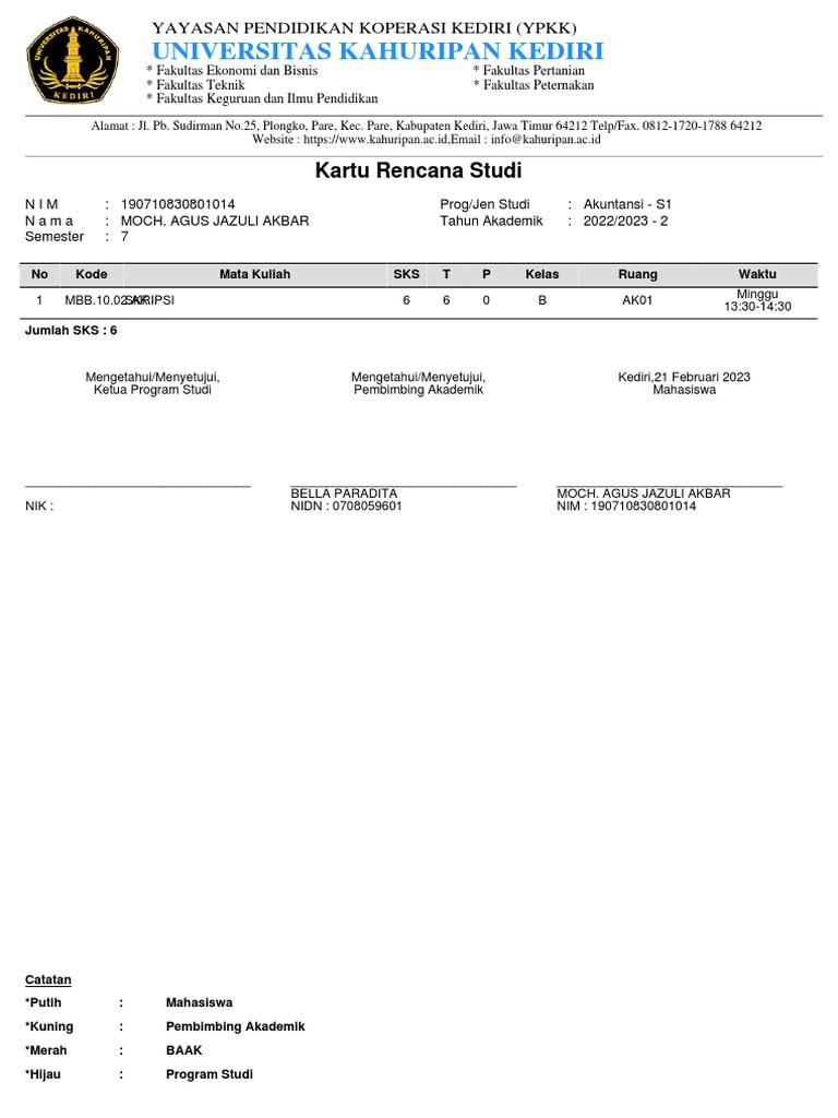 Universitas Kahuripan Kediri: Kartu Rencana Studi | PDF