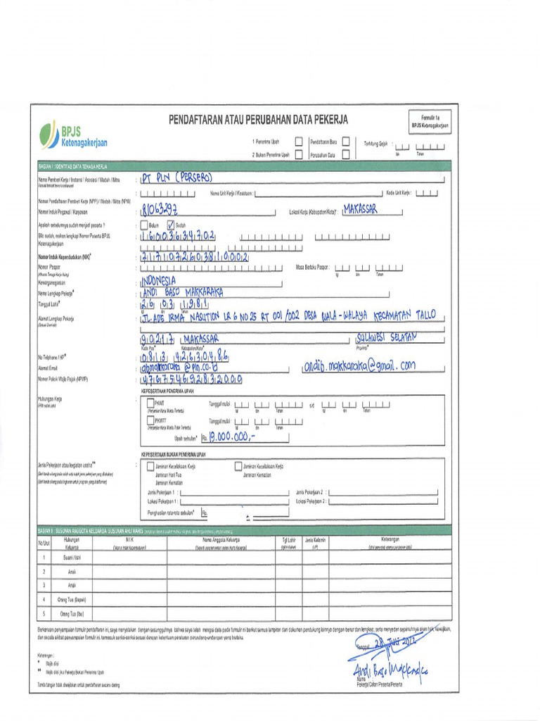 Form Perubahan Data BPJSTK | PDF