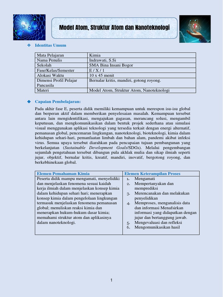 Modul Ajar Kimia - Model Atom, Struktur Atom Dan Nanoteknologi - Fase E | PDF