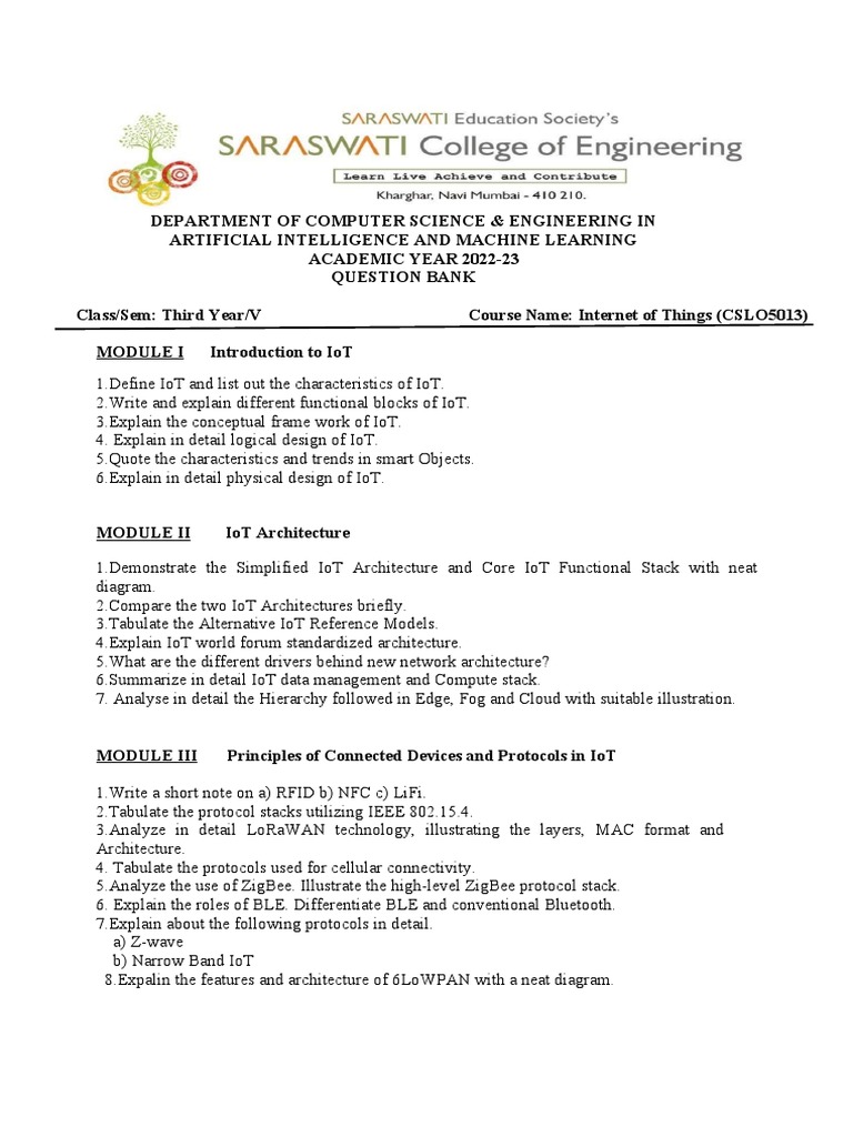 Third Year Computer Science Course Question Bank on Internet of Things ...