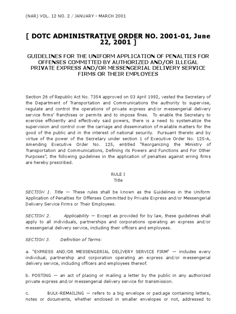 DOTC AO 2001-01 Supreme Court E-Library Version | PDF | Mail | Envelope