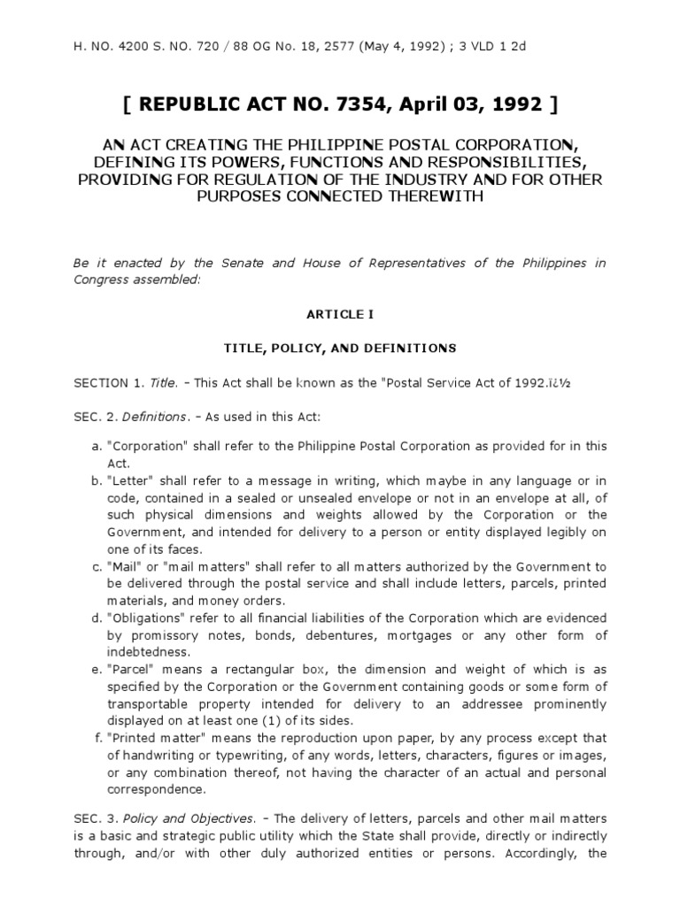 RA 7354 - Supreme Court E-Library Version | PDF | Mail | Taxes