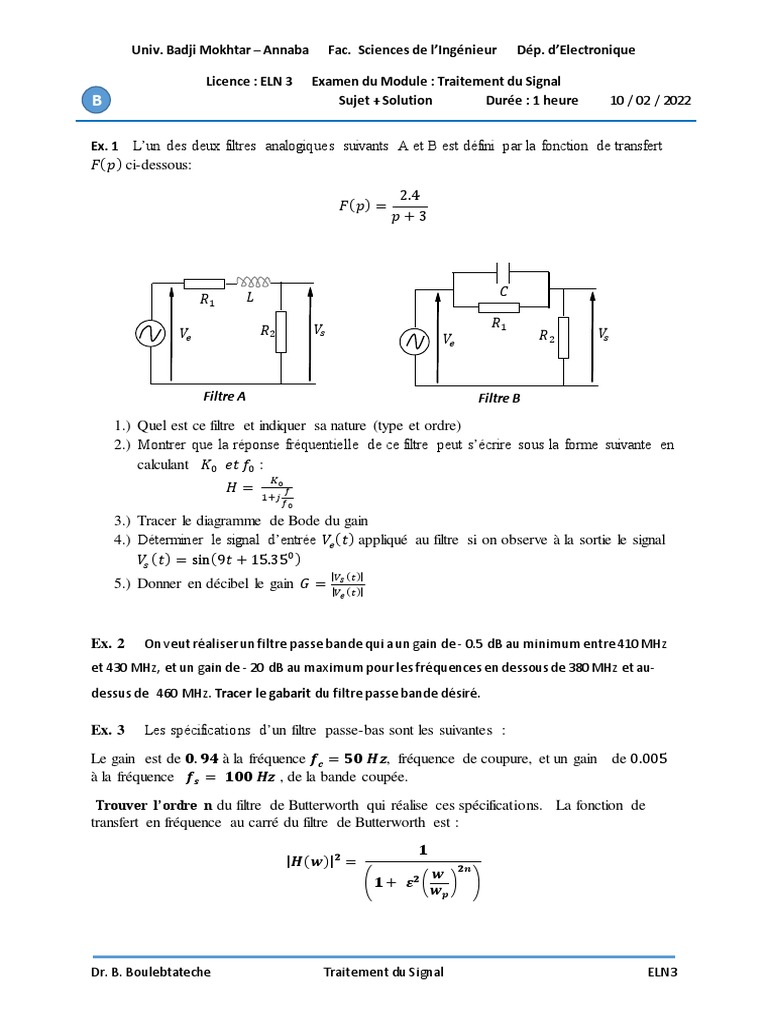 Examen ELN3 : Traitement du Signal | PDF | Filtre (électronique ...