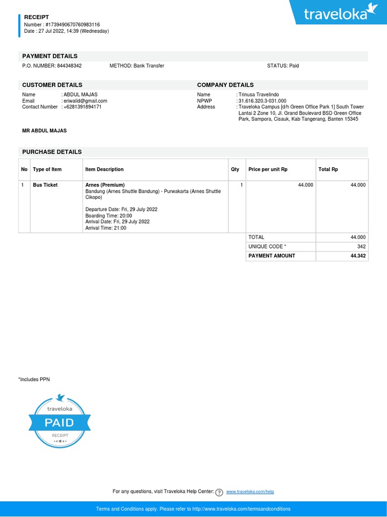 Bus Ticket Receipt for Abdul Majas | PDF