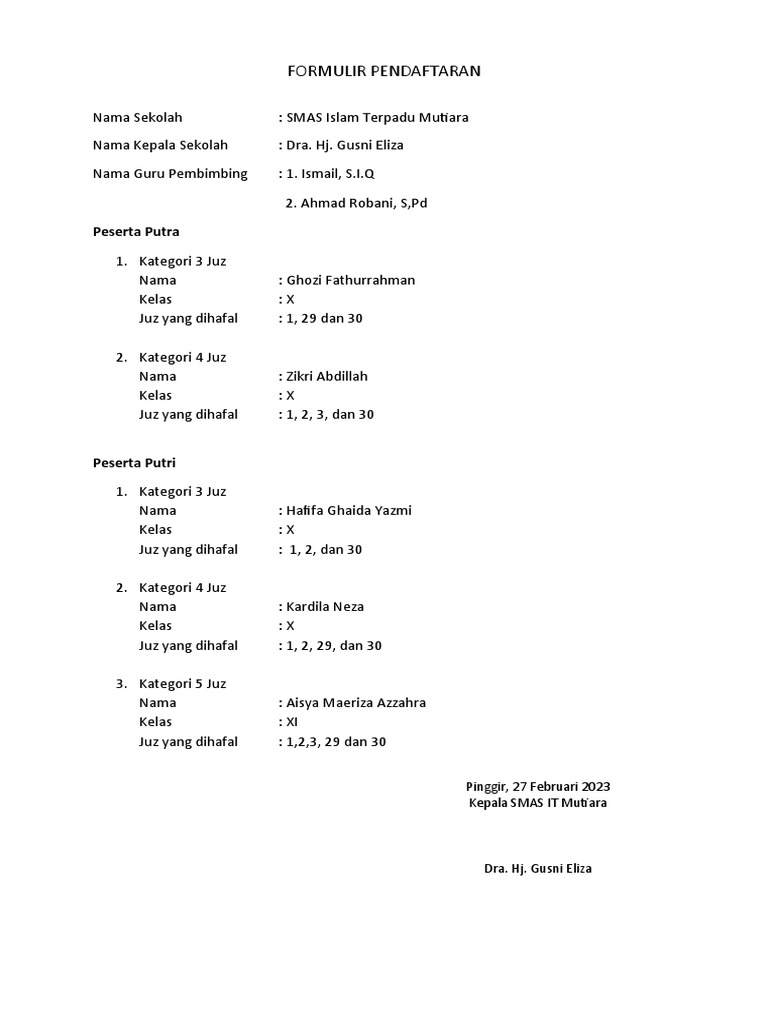 Formulir Pendaftaran Lomba Tahfizh 2023 | PDF