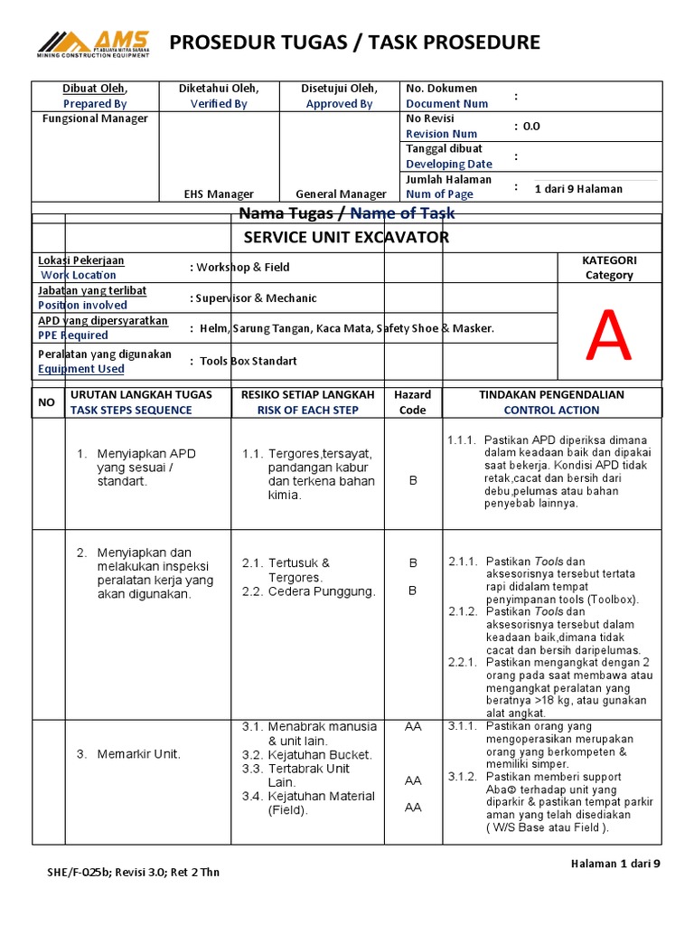 MTC-A01-01 JSA Service Unit Excavator EC210 & 480 Volvo-Rev.0.0 NEW | PDF