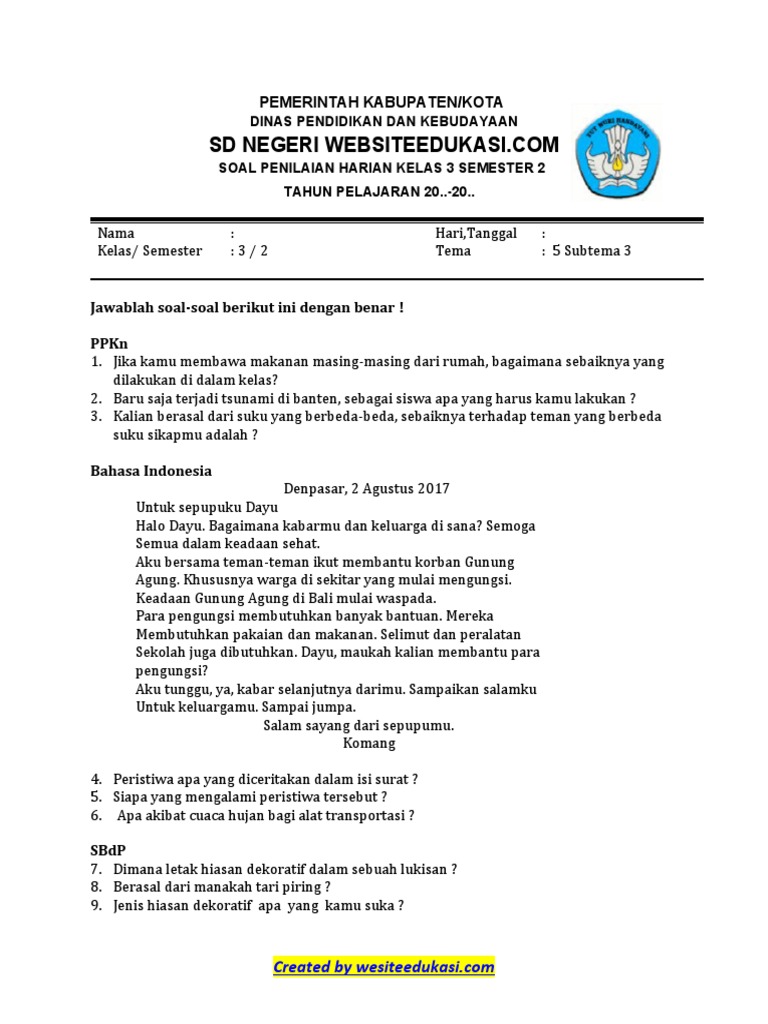 Soal Harian Kelas 3 Tema 5 Subtema 3 | PDF