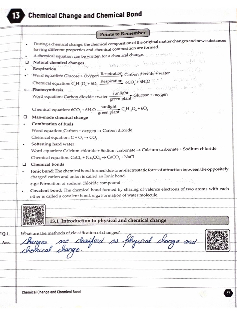 CHEMICAL CHANGE AND CHEMICAL BOND Class 8 | PDF
