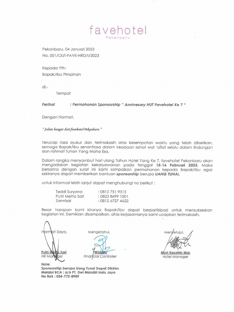 Surat Permohonan Sponsor Anniversary Ke 7 | PDF