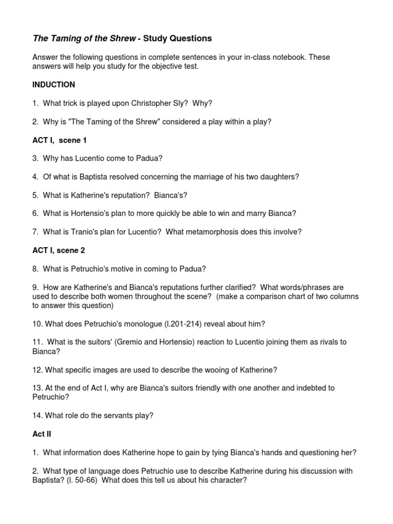 Act 4 Study Questions for Taming of the Shrew | PDF | The Taming Of The ...