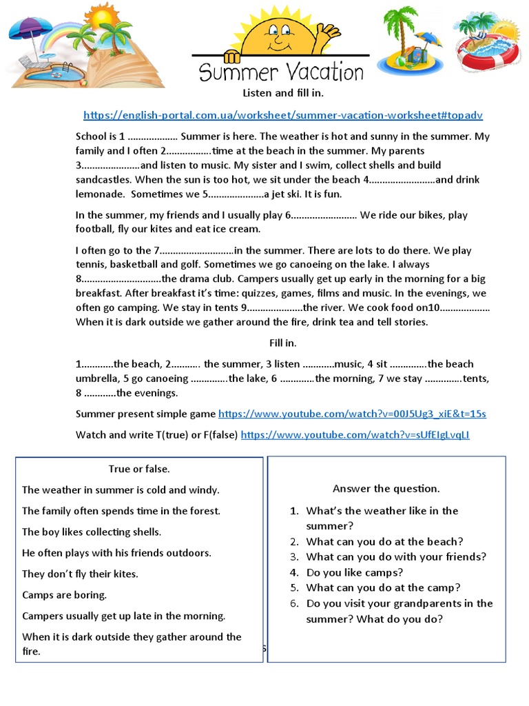 Summer Vacation Reading Comprehension | PDF | Camping