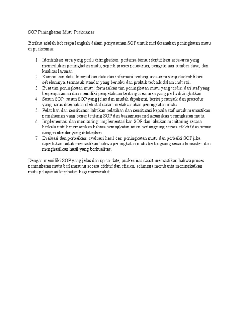 SOP Peningkatan Mutu Puskesmas | PDF | Karier & Perkembangan | Pengelolaan Keuangan & Uang
