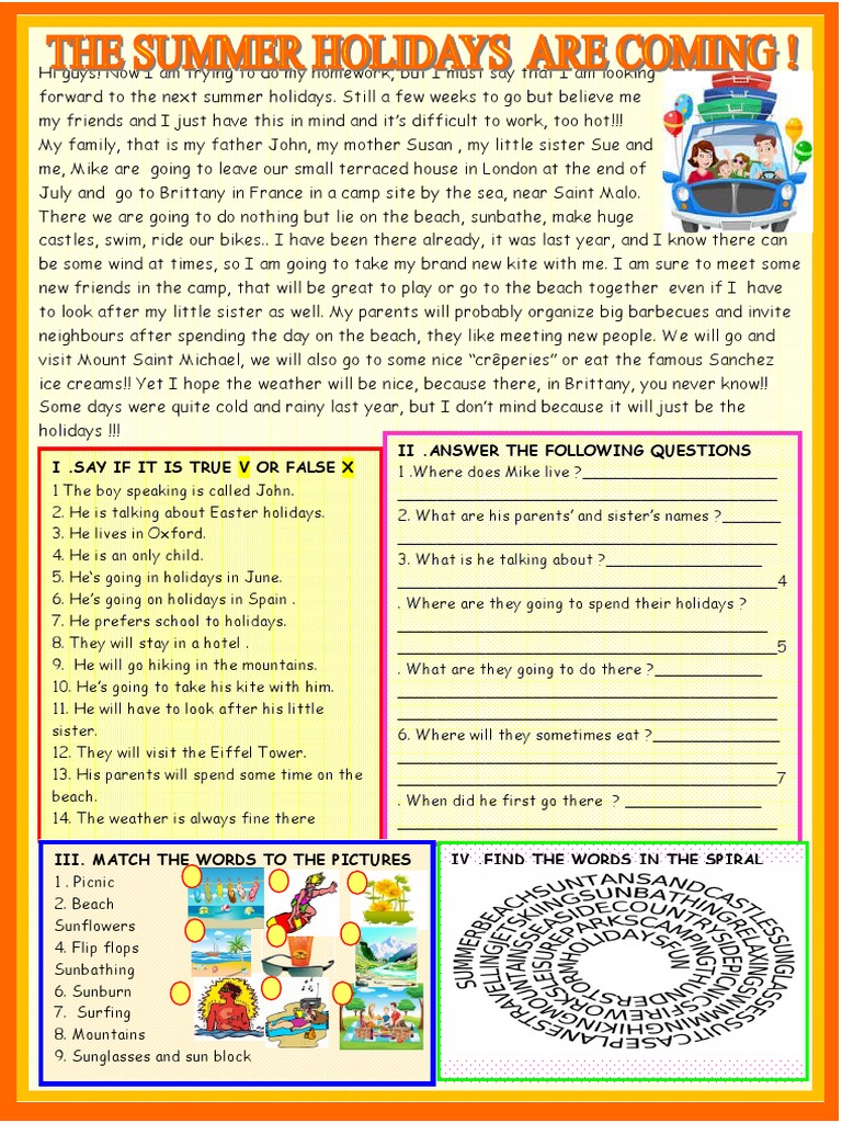 The Summer Holidays Are Coming Reading Comprehensi Reading Comprehension Exercises - 99059 | PDF