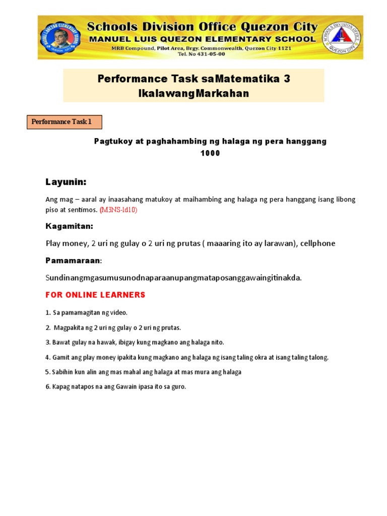 Performance Task Sa Math ONLINE 1.1 Unang Markahan 3 | PDF
