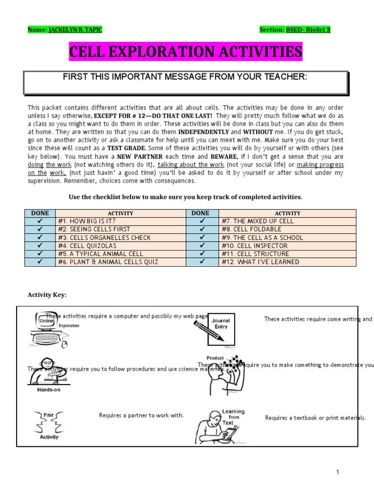 Cells Exploration Activities | PDF | Endoplasmic Reticulum | Cell (Biology)