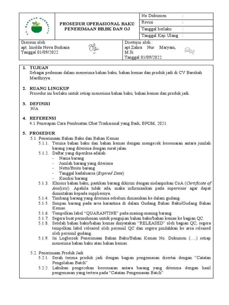 Prosedur Penerimaan Bahan dan Produk | PDF