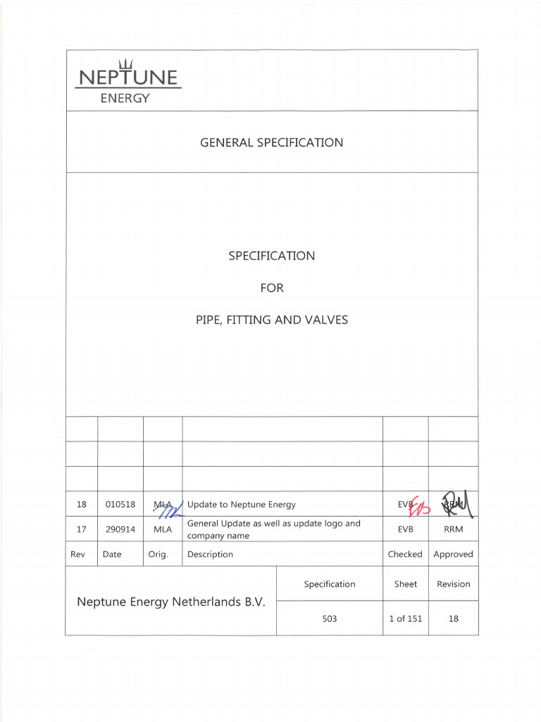 Specification 503 Rev. 18 - Pipe, Fitting and Valves | PDF | Pipe (Fluid Conveyance) | Steel